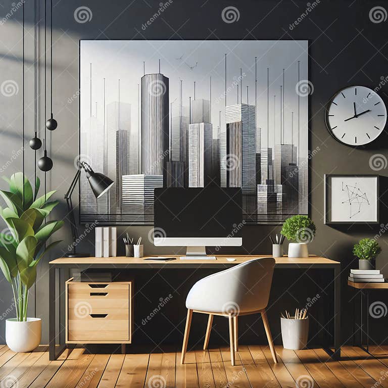 Computer Desk and Lamp in the Interior of a Modern Office Generative Ai ...