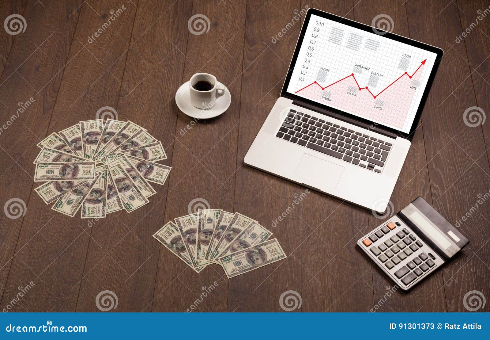 Computer Desk with Laptop and Red Arrow Chart in Screen Stock Image ...