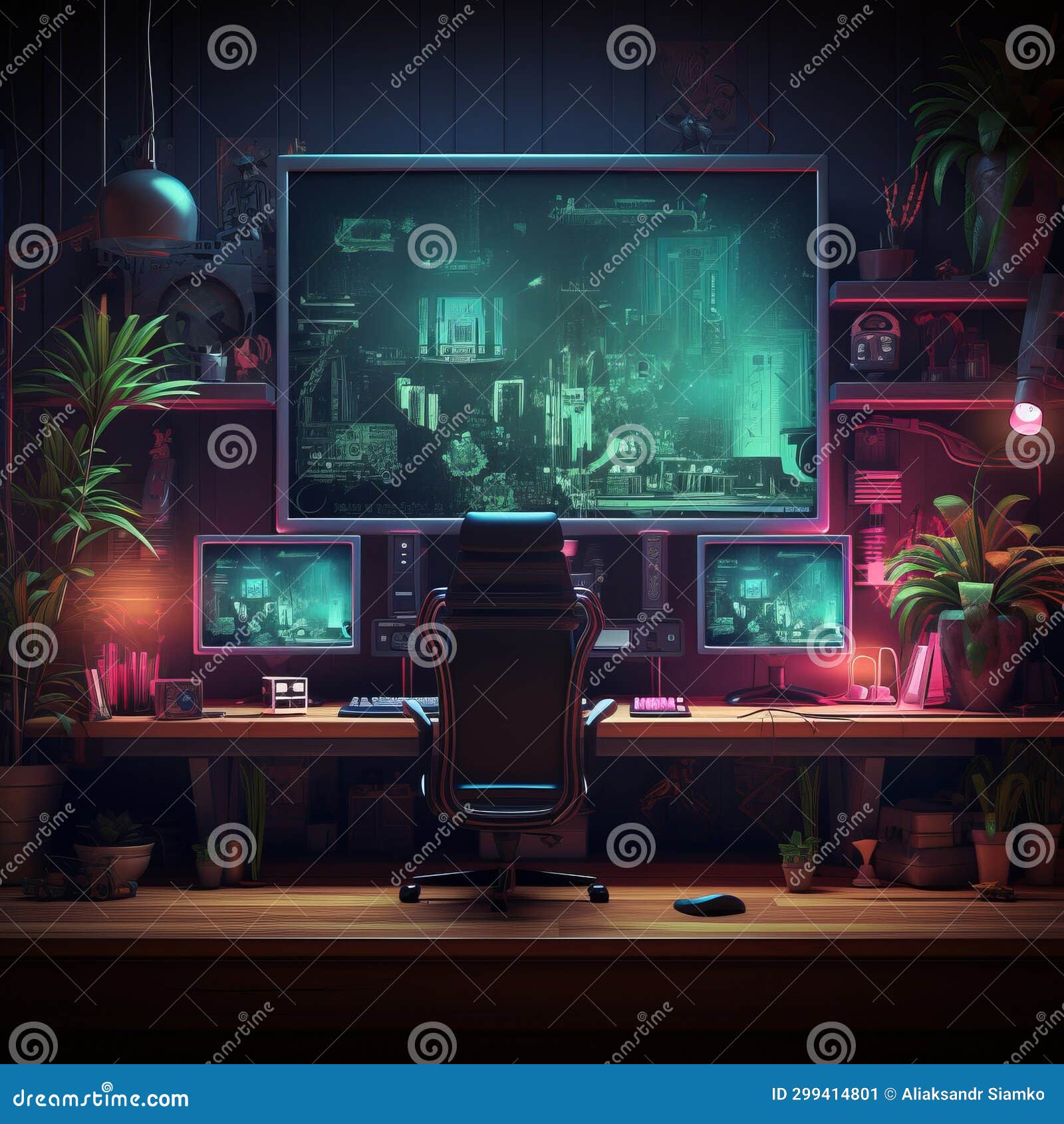 A Computer Desk with a Large Screen and a Large Monitor Stock Image ...