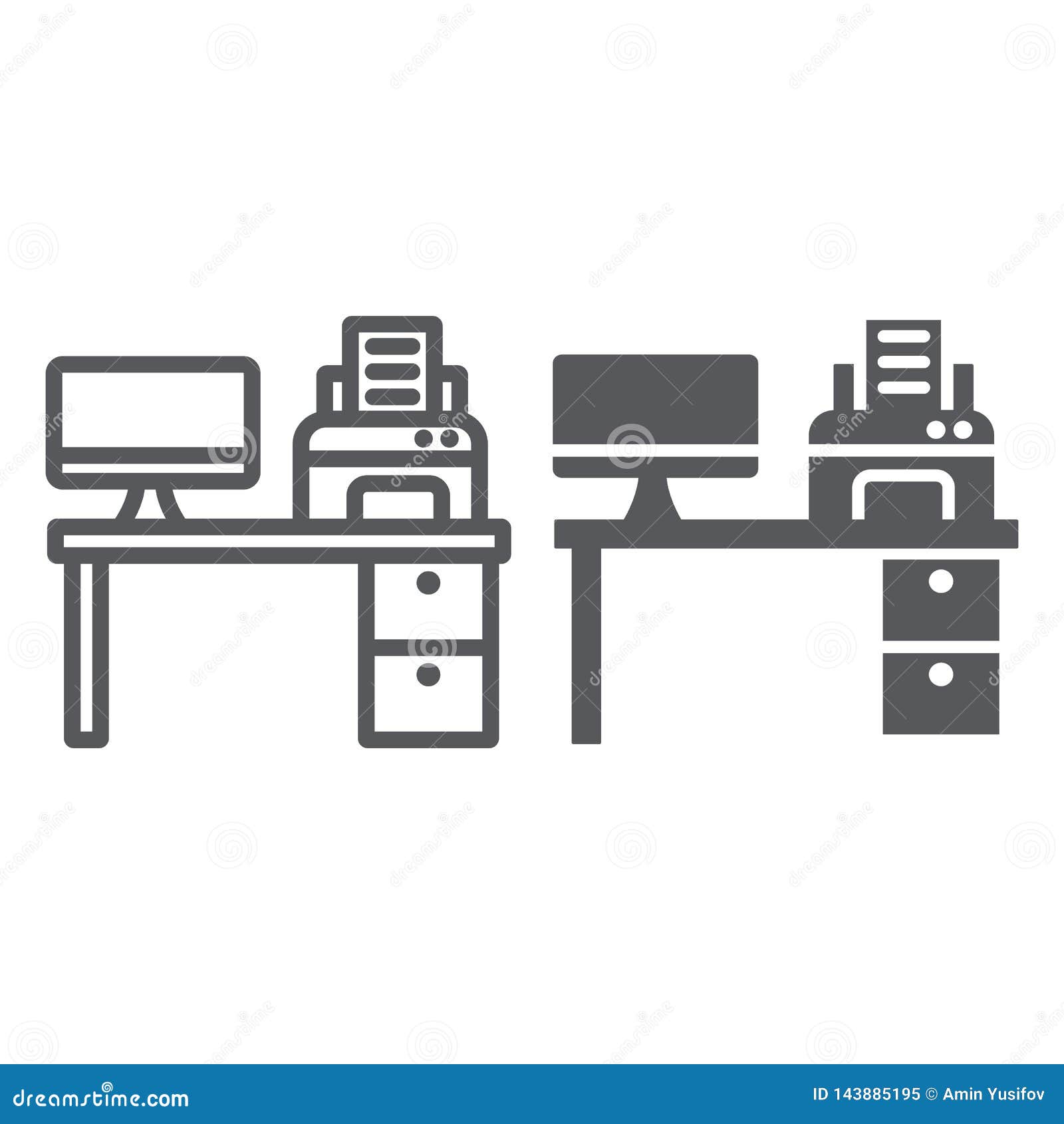 Computer Desk Line and Glyph Icon, Office and Table, Workplace Sign ...