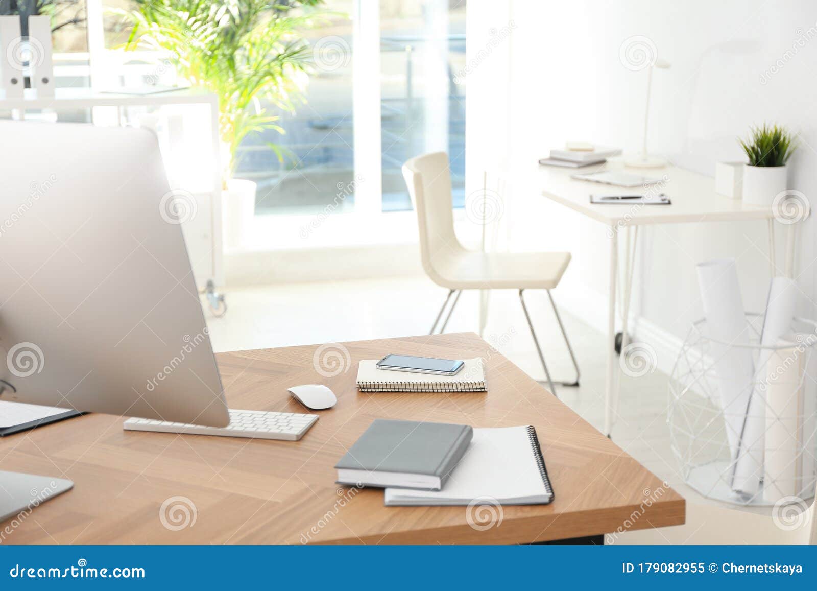 Computer on Desk in Office. Comfortable Workplace Stock Image - Image ...