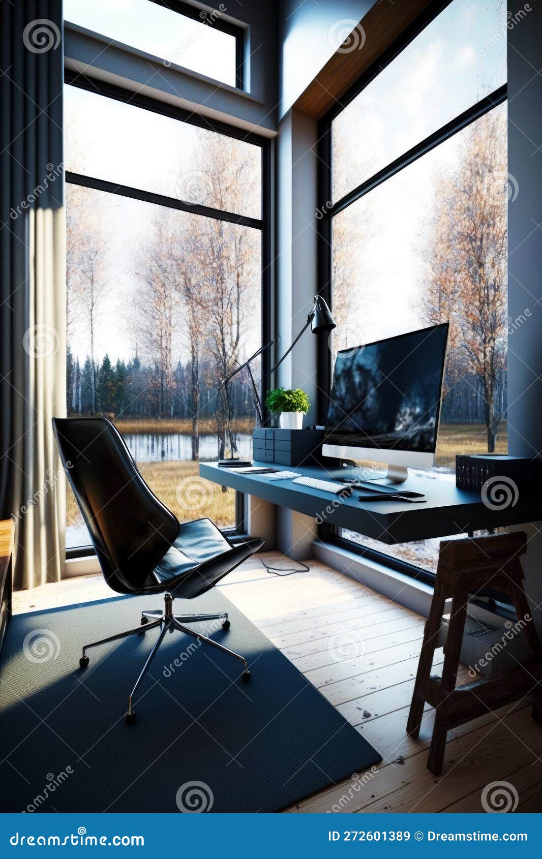 Computer Desk with Monitor, Keyboard and Mouse in Front of Large Window. Generative AI Stock ...