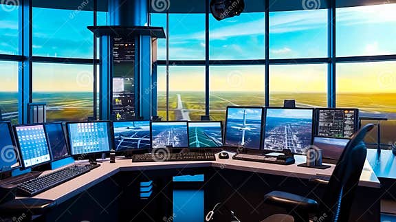 Computer Desk with Multiple Monitors and Keyboard. Generative AI Stock ...