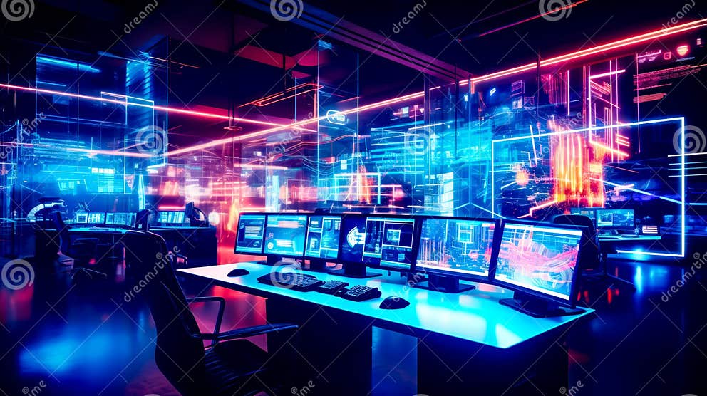 Computer Desk with Multiple Monitors and Keyboard and Mouse in Front of it. Generative AI Stock ...