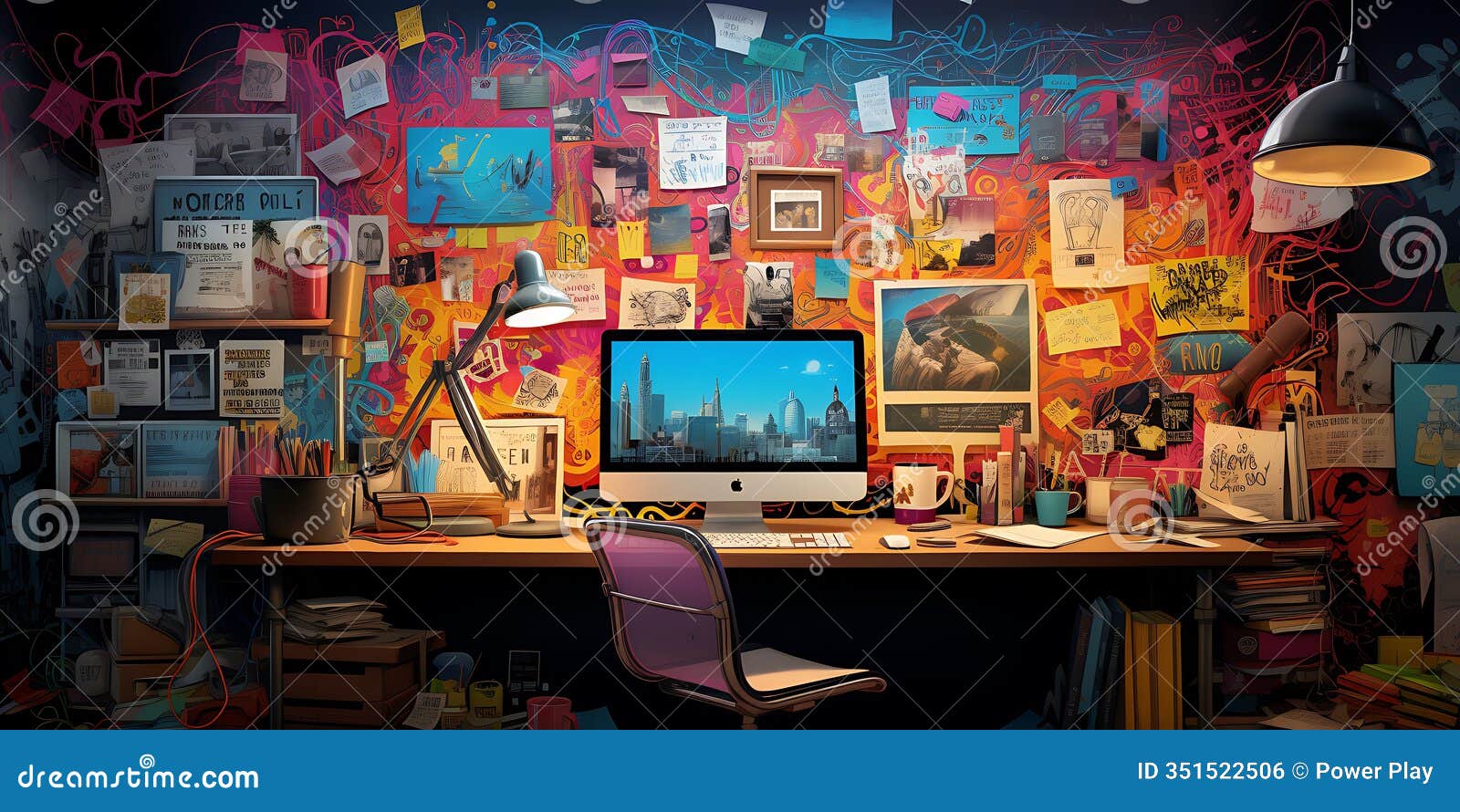 Computer on Desk in Office with Colorful Wall Full of Notes Stock Photo ...