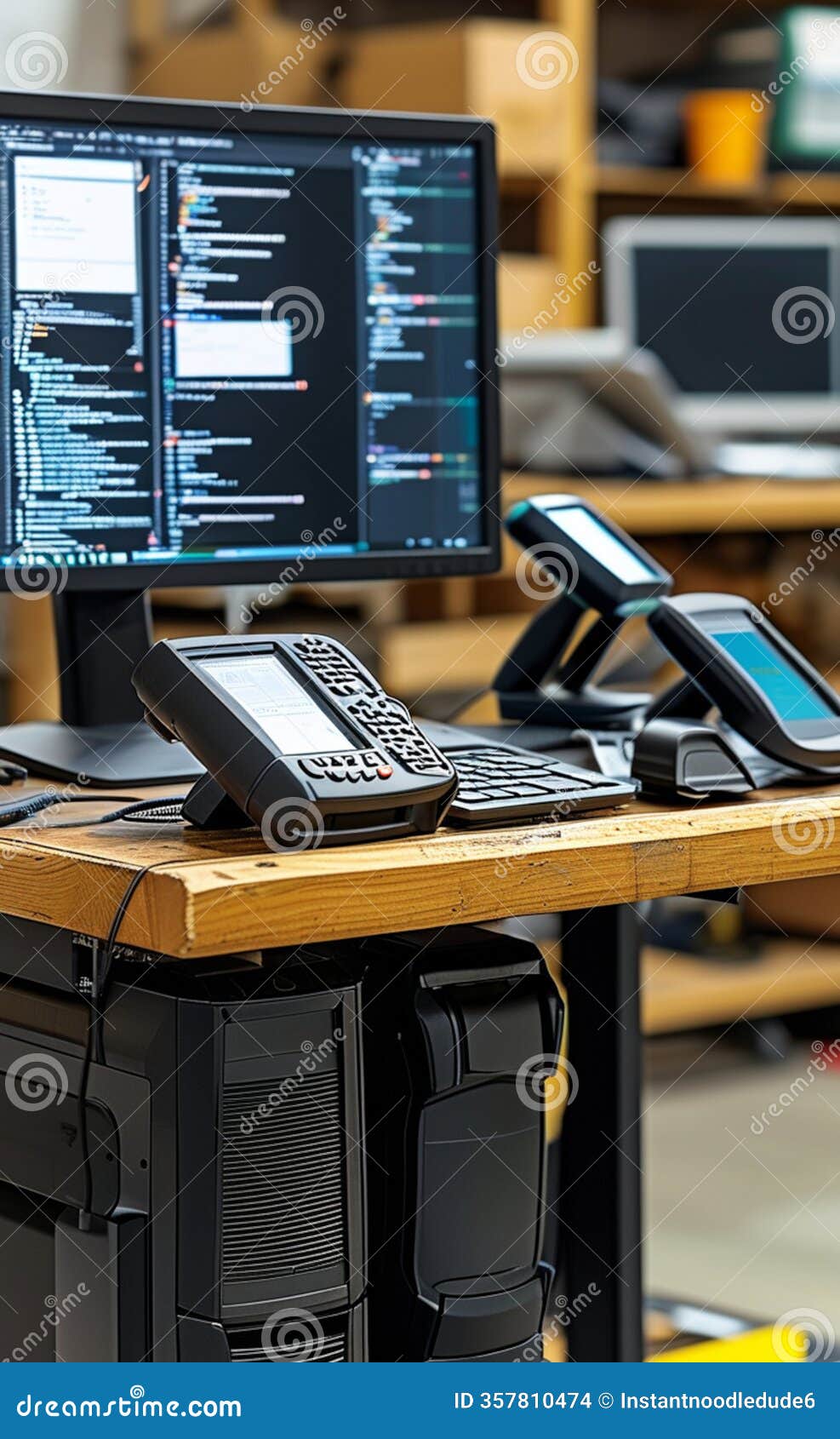 A Computer Desk with a Phone and a Laptop Stock Illustration ...
