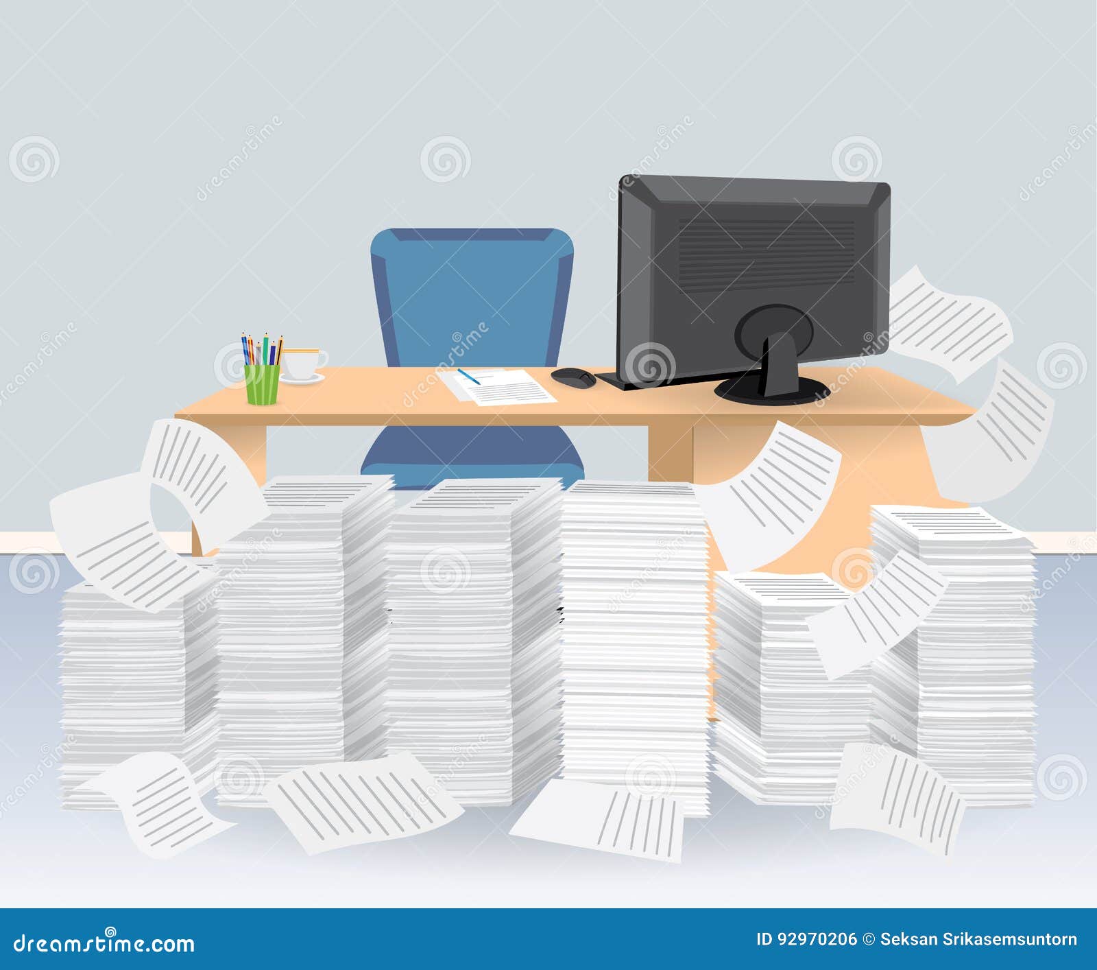 Computer Desk with Pile of Papers Stock Vector - Illustration of room ...