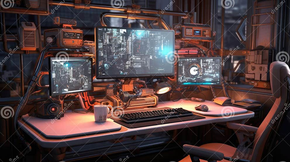 The Computer Desk of the Programmer of the Future Stock Illustration ...