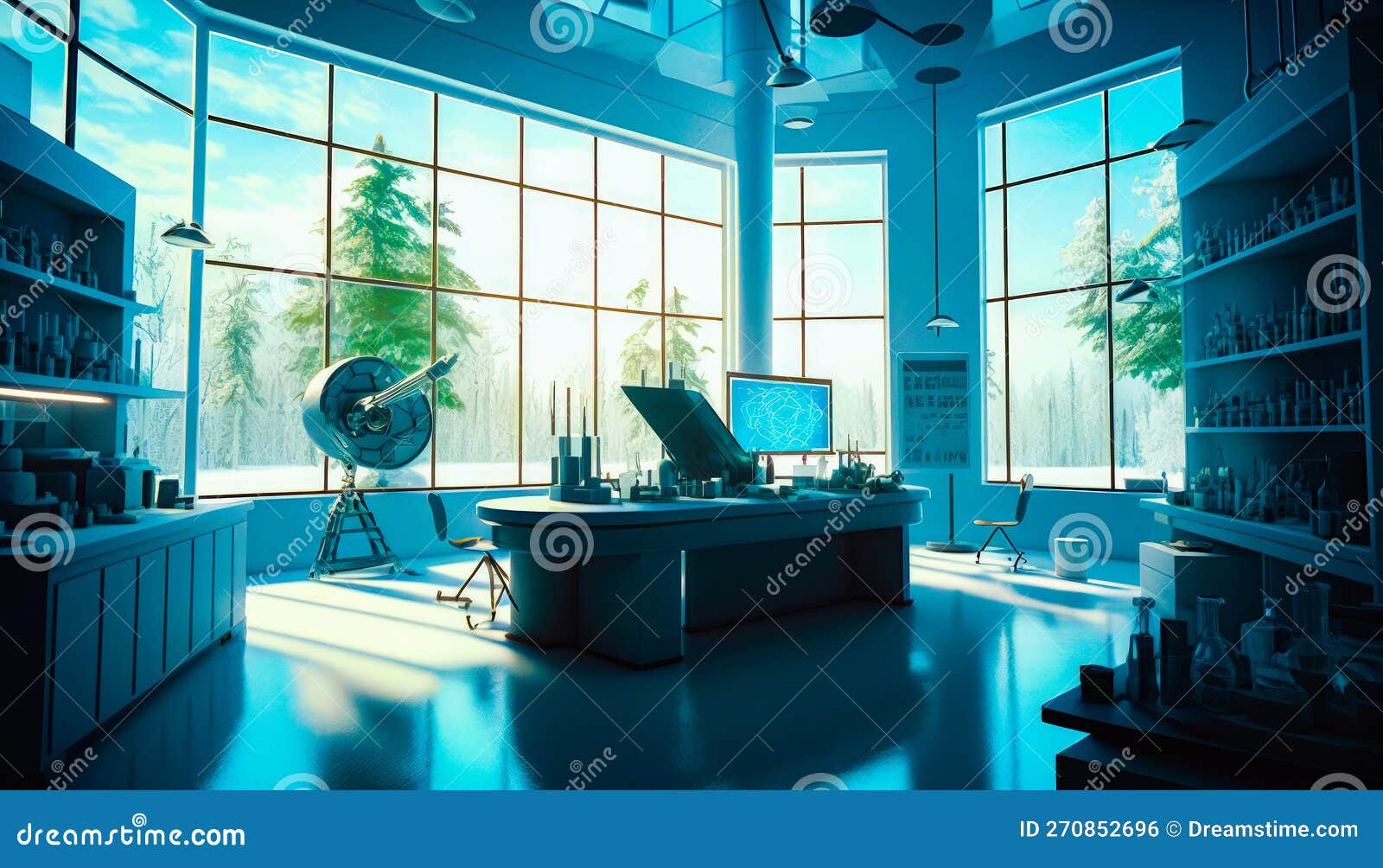 Computer Desk in Room with Large Windows Generative AI. Stock ...