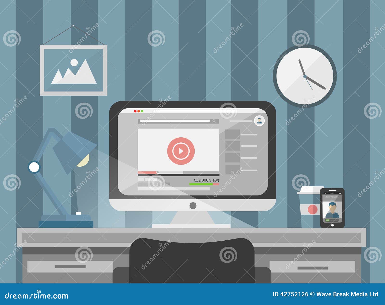 Computer on Desk Showing Music Player Programme Stock Vector ...