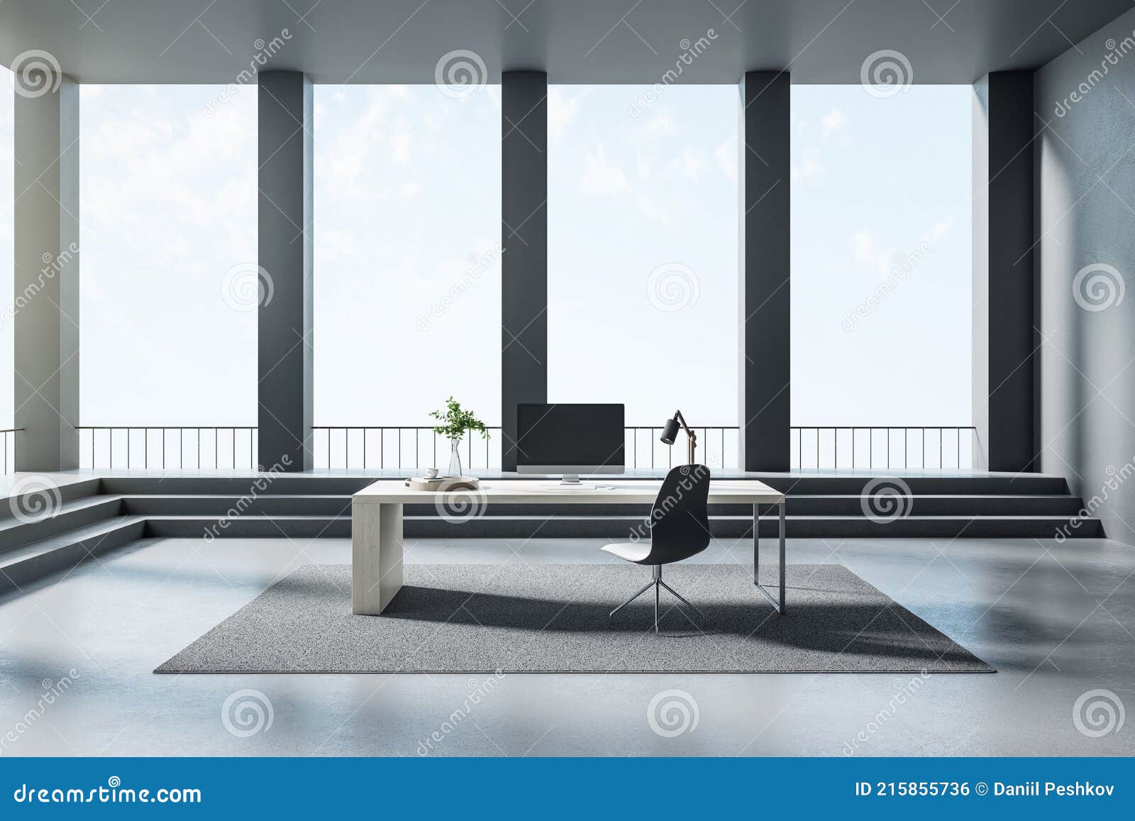 Computer on a Desk Standing in the Middle of an Empty Bright Room with ...