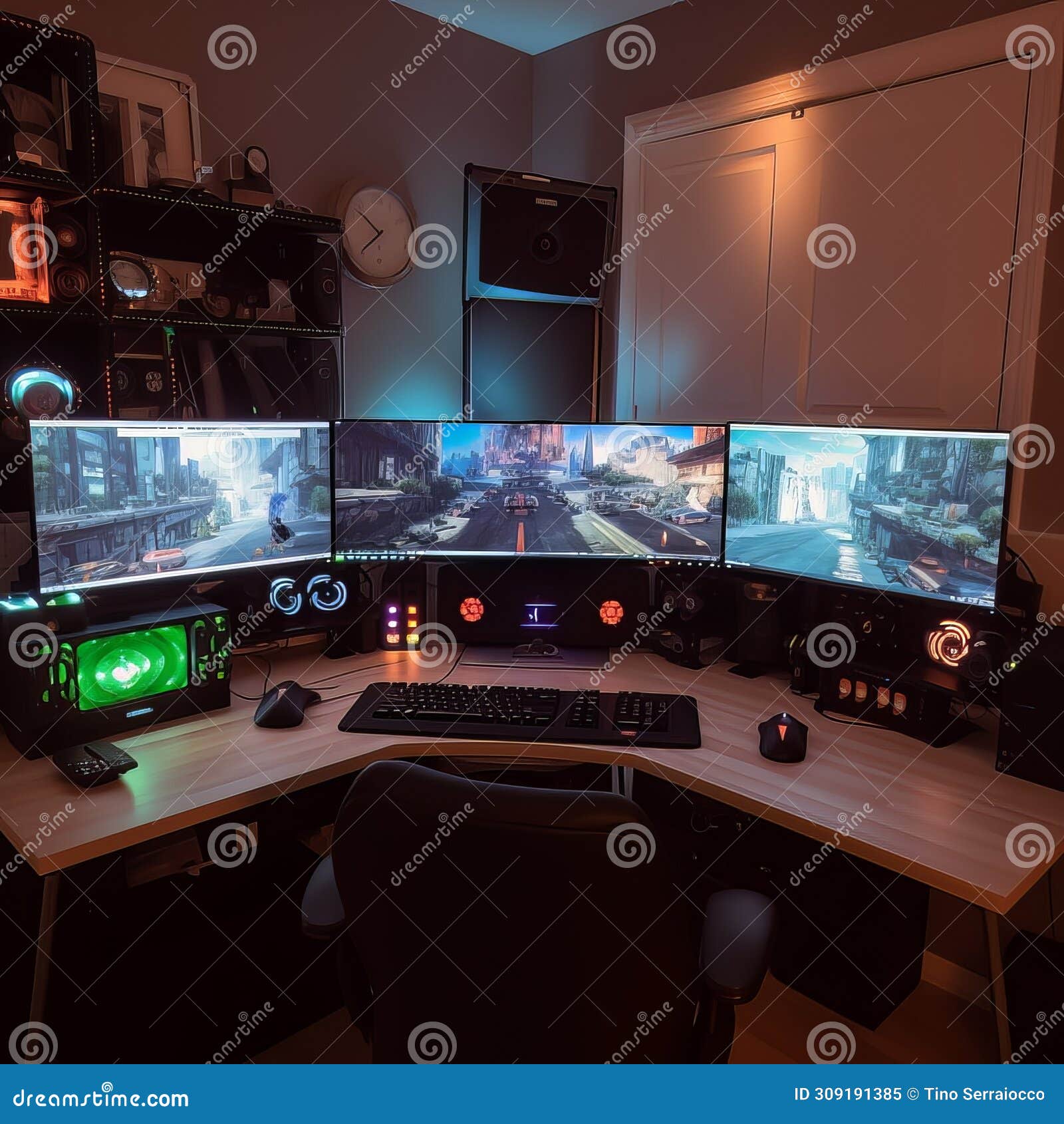 Computer Desk with Three Monitors, Keyboard, and Mouse Stock Image ...