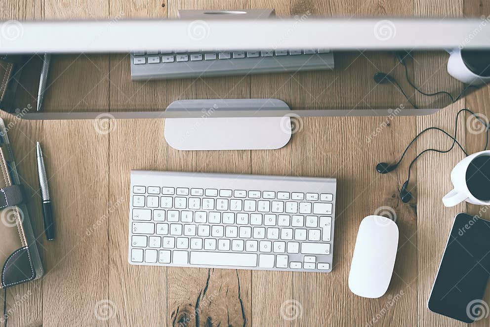 Computer on a Desk from Top View Stock Photo - Image of internet ...