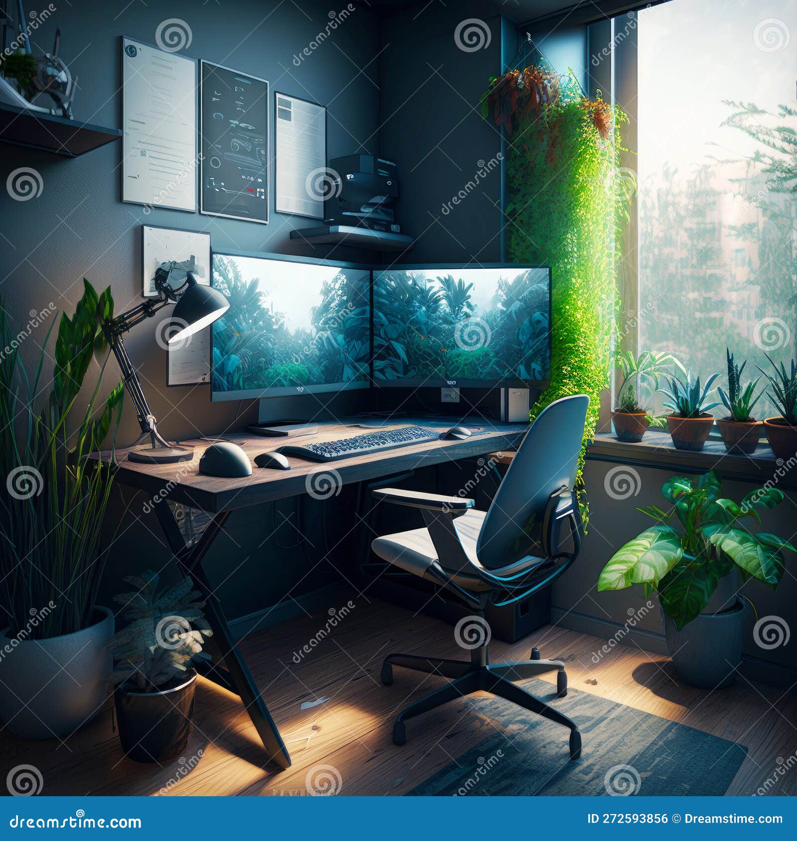 Computer Desk with Two Monitors and Plant in Front of Window ...