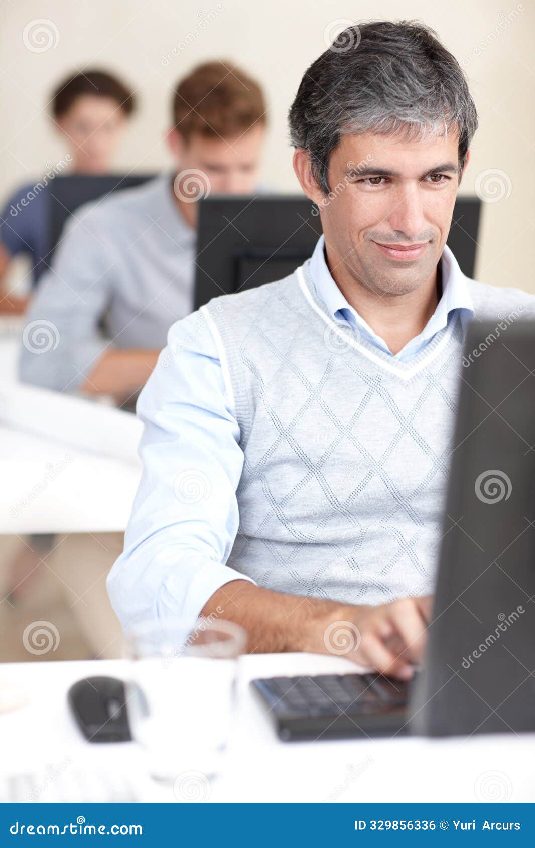 Computer, Desk and Typing with Virtual Assistant Man in Office for Help ...