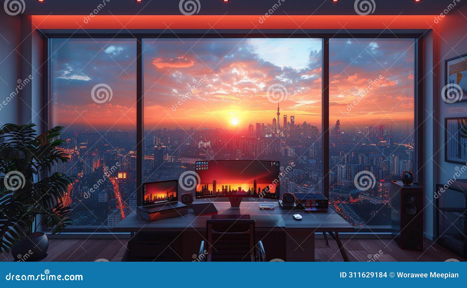 A Computer Desk with a View of a City and a Sunset Stock Photo - Image ...