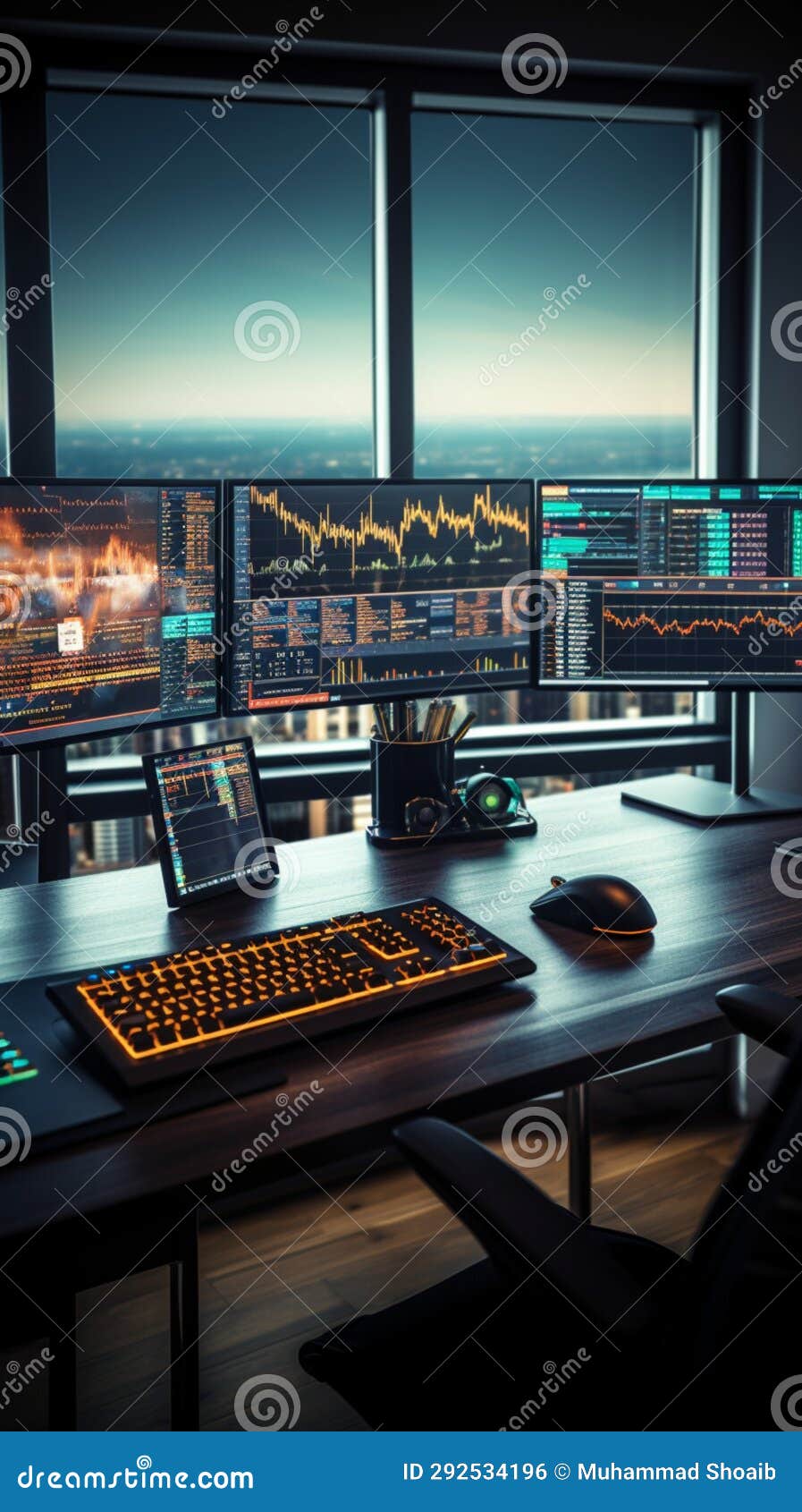 From a Computer Desk, View Financial Data on Multiple Screens in an ...