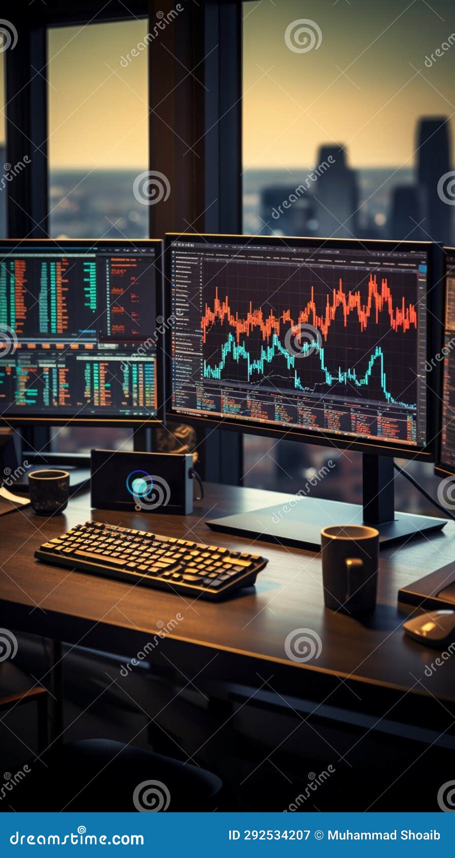 From a Computer Desk, View Financial Data on Multiple Screens in an ...