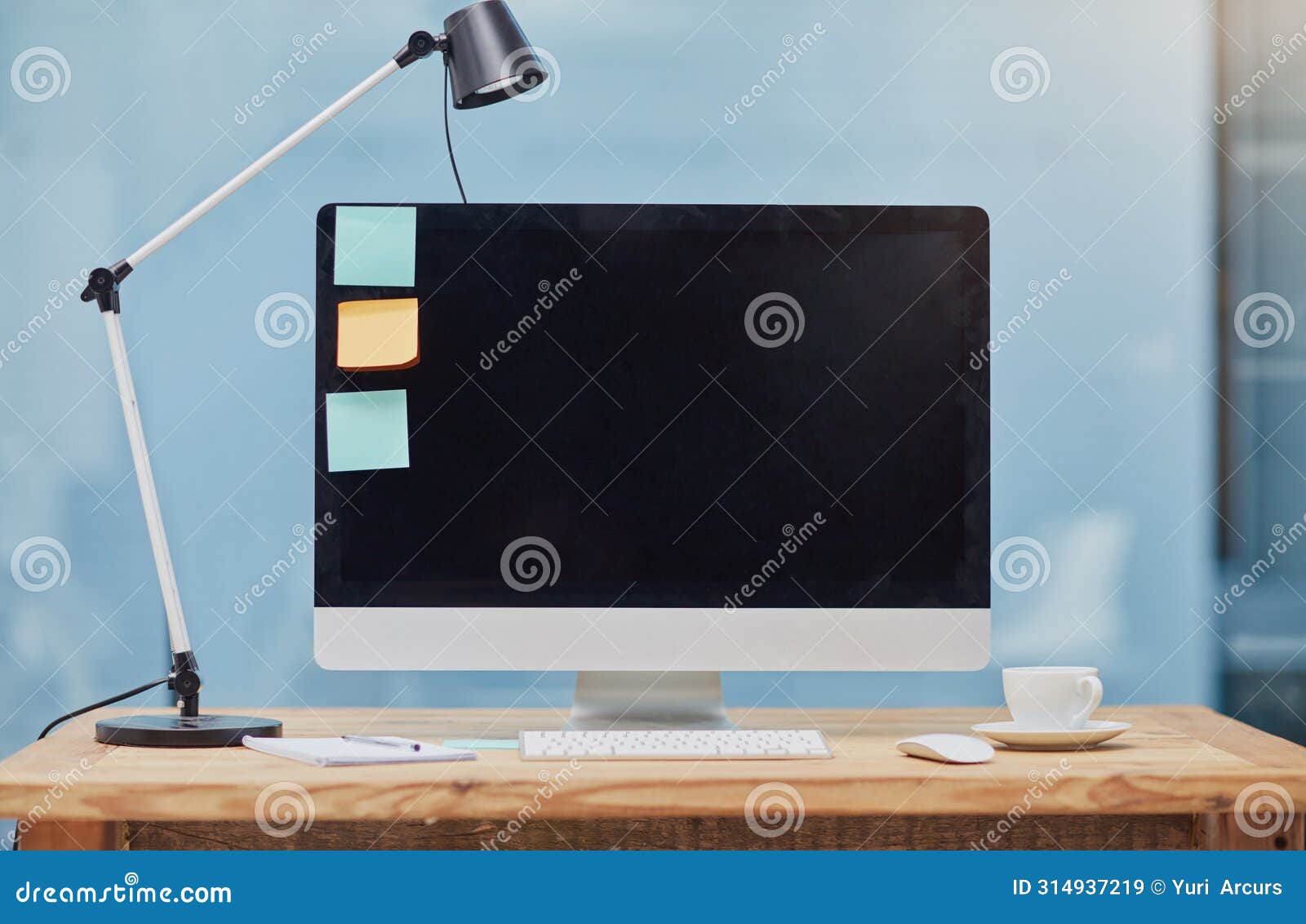 Computer, Desk and Workspace Light in Office with Mockup Space, Sticky ...