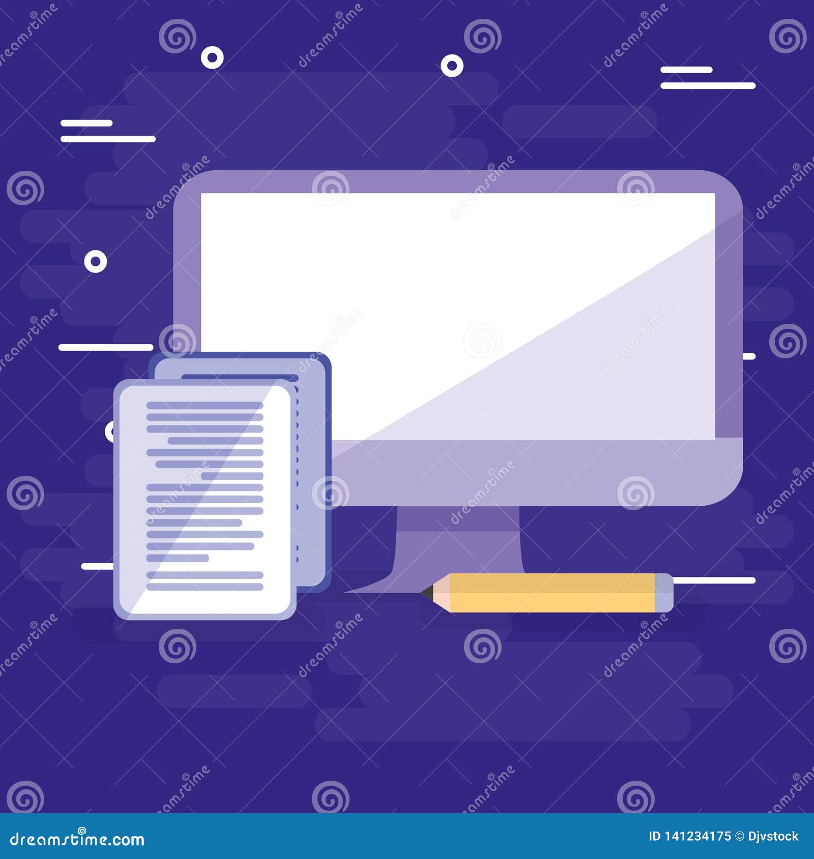 Computer Desktop with Documents and Pencil Stock Vector - Illustration ...