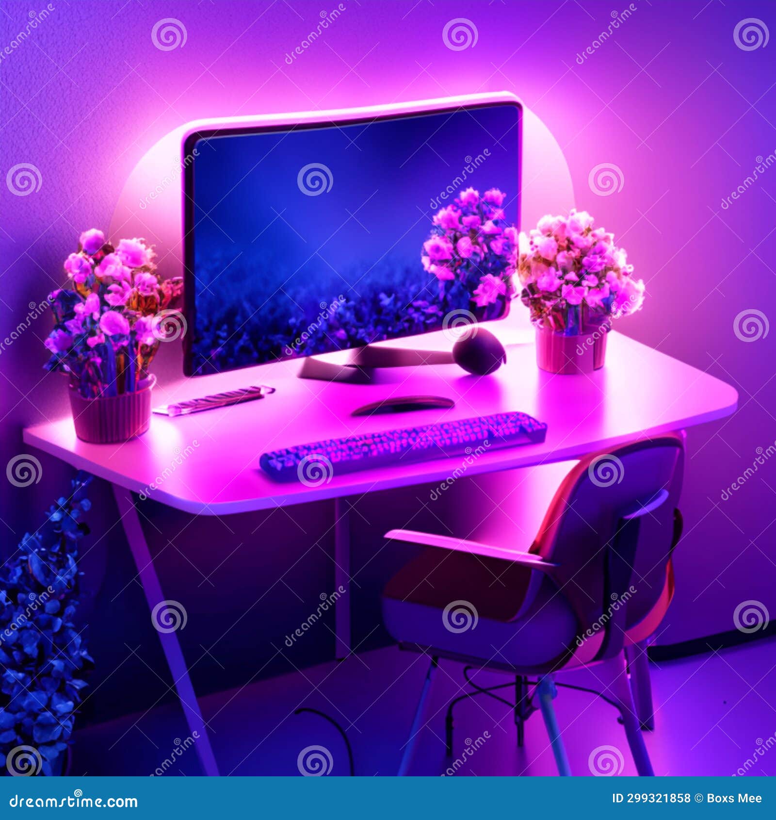 Computer Desktop with Flowers in Neon Light, 3d Rendering. Computer ...