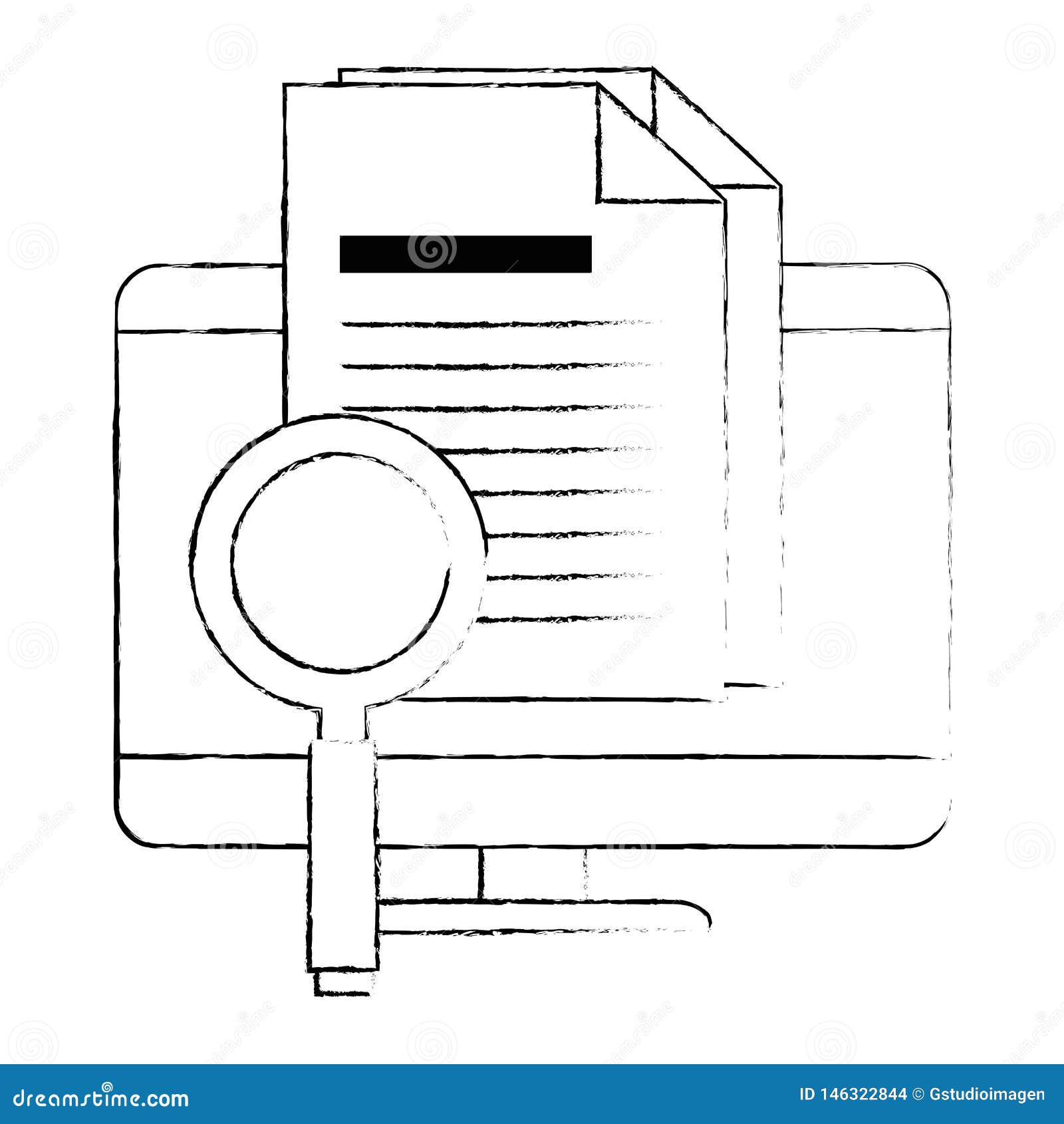 Computer Desktop with Magnifying Glass and Document Stock Illustration ...