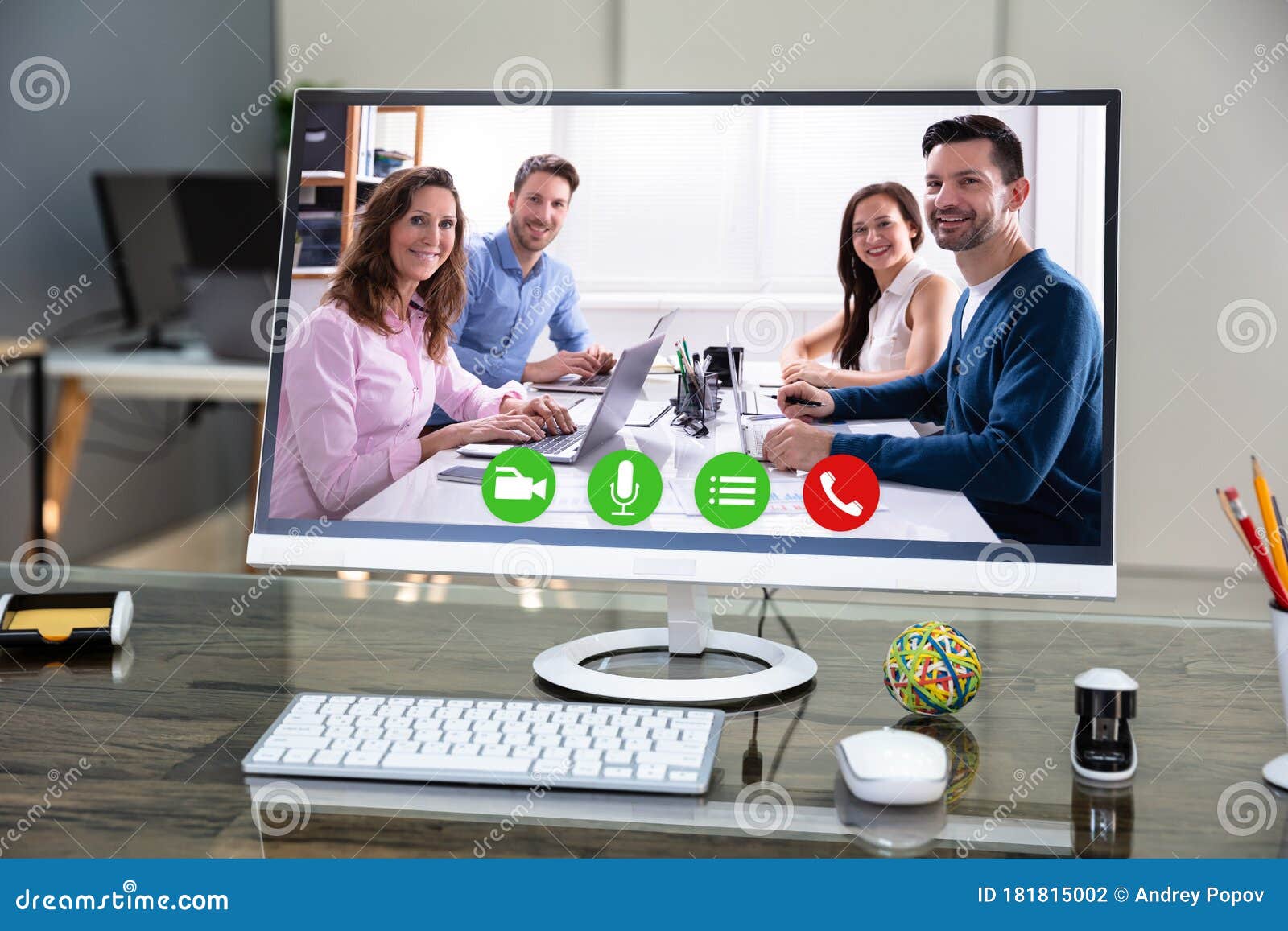 Computer Desktop with Videoconferencing Application on Desk Stock Photo ...