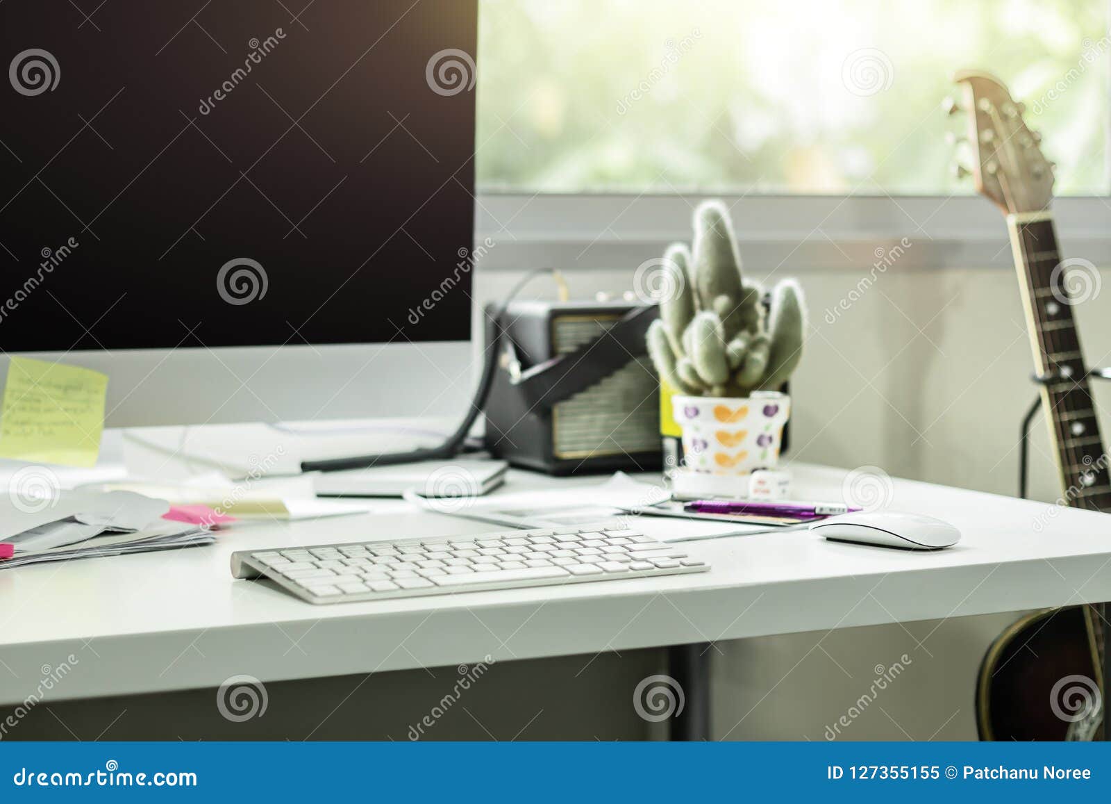 Computer Desktop with White Keyboard and Mouse on Working Desk Stock ...