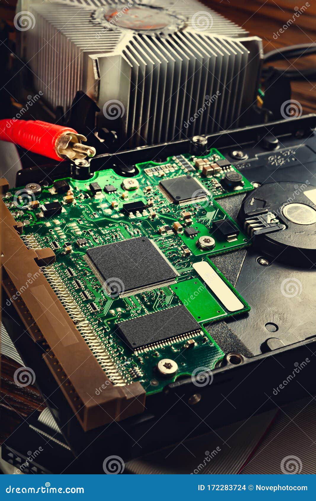 Computer Details. Old Computer Hard Drive and Cables. Chip and PC ...