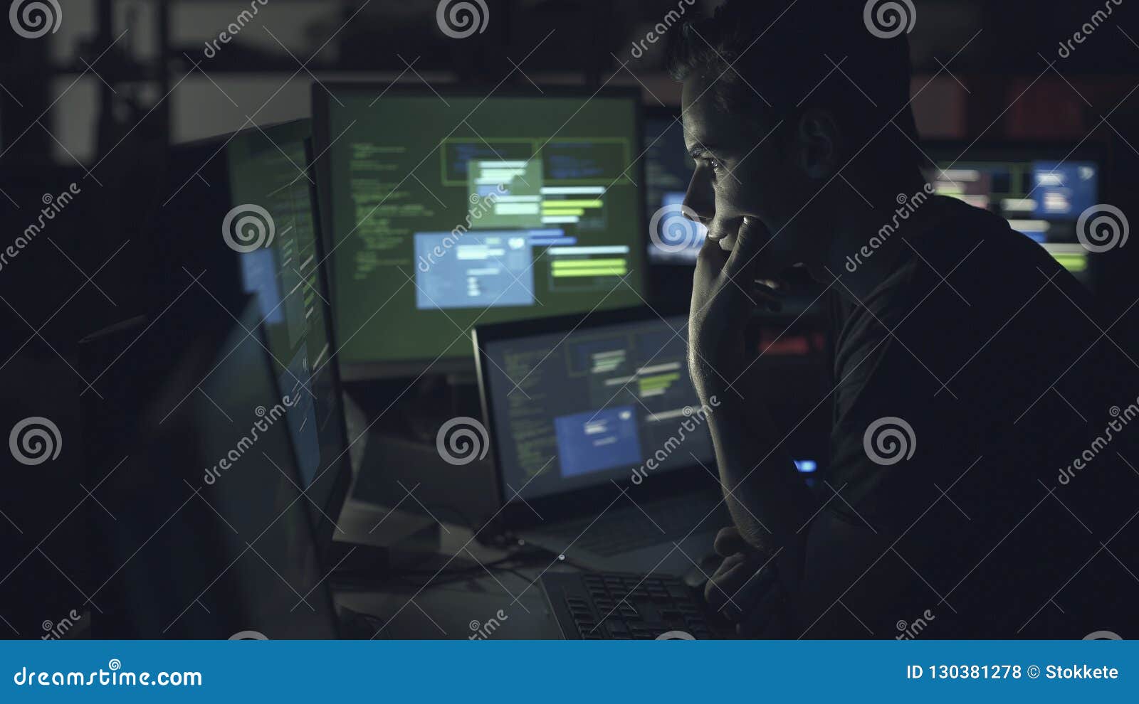 Computer Developer Working with Computers at Night Stock Photo - Image ...