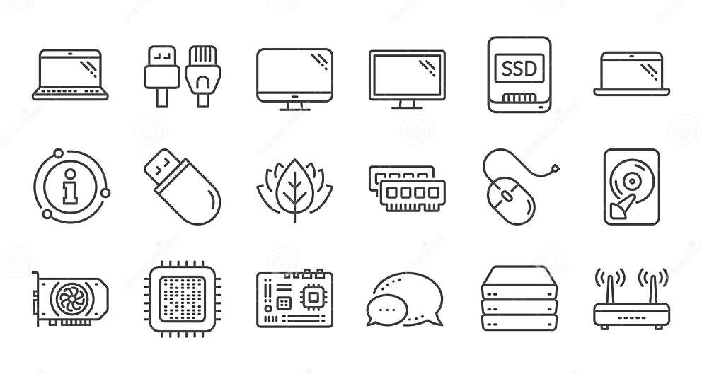 Computer Device Line Icons. Motherboard, CPU and Laptop. Linear Icon ...