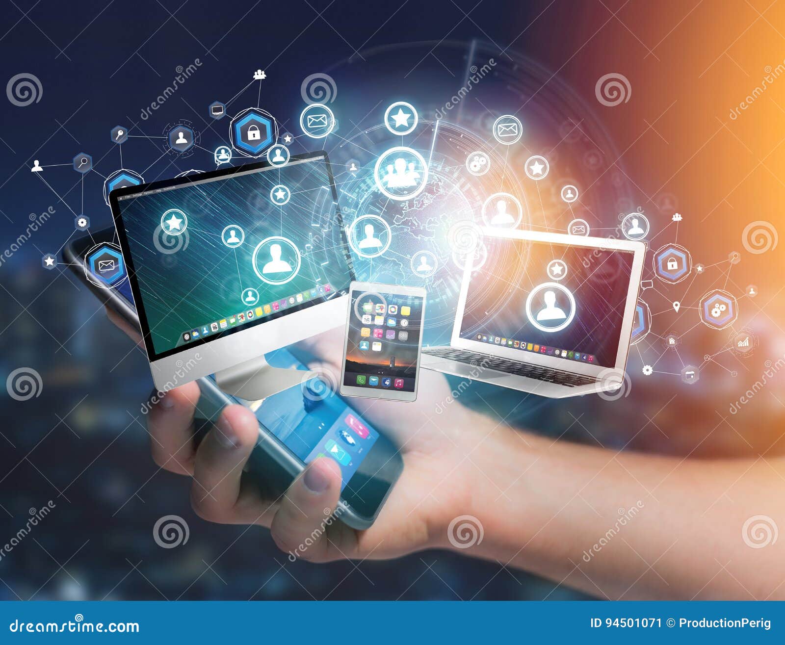 Computer and Devices Displayed on a Futuristic Interface with Bu Stock ...