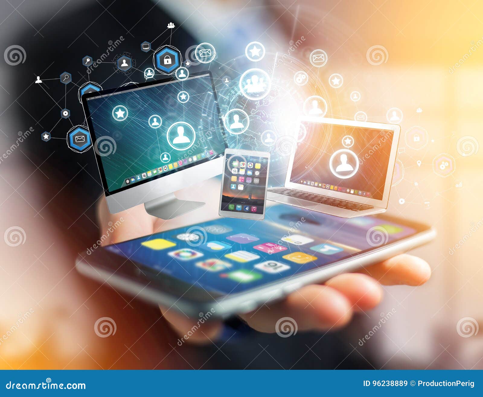 Computer and Devices Displayed on a Futuristic Interface with Bu Stock ...