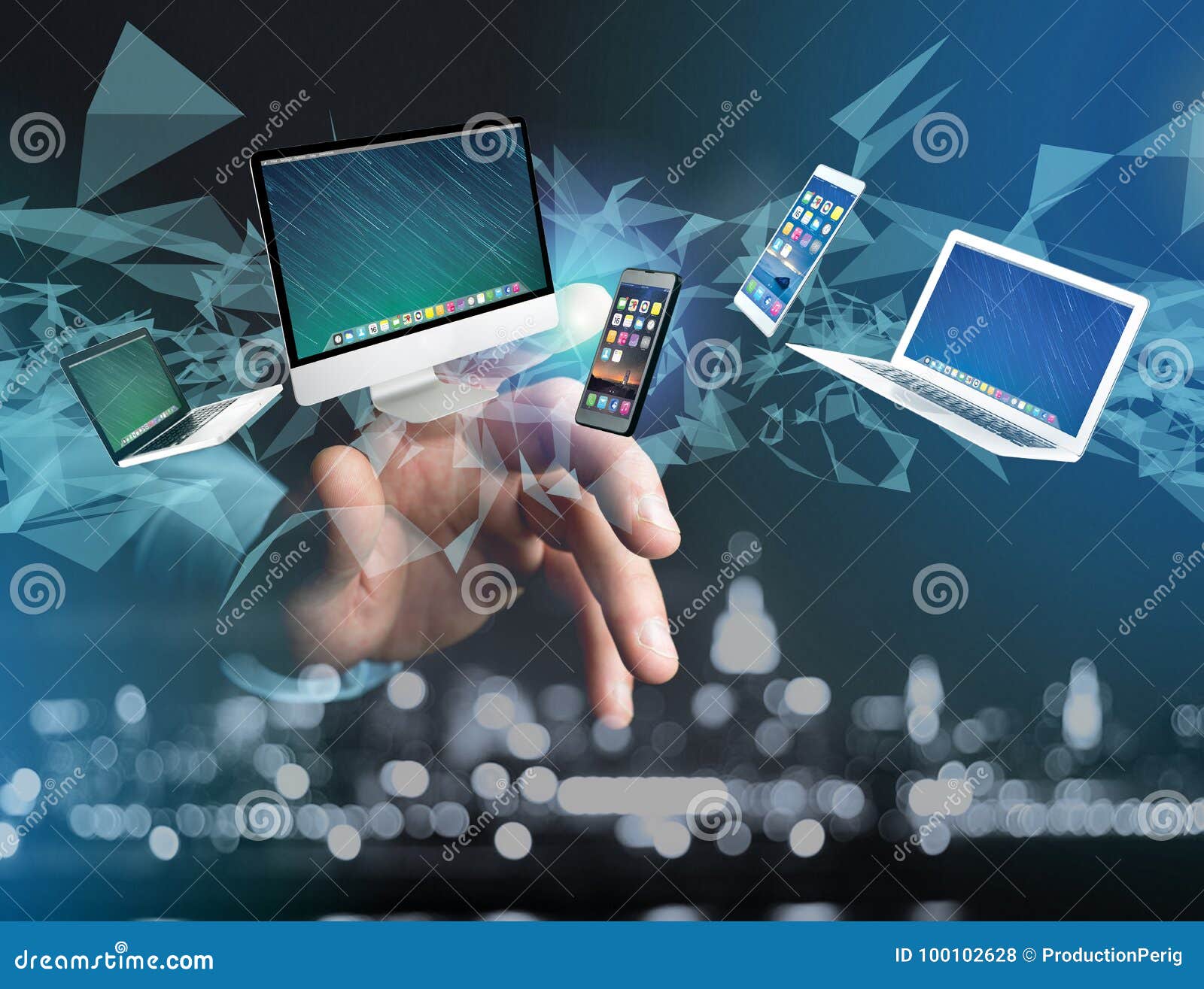 Computer and Devices Displayed on a Futuristic Interface - Multi Stock ...