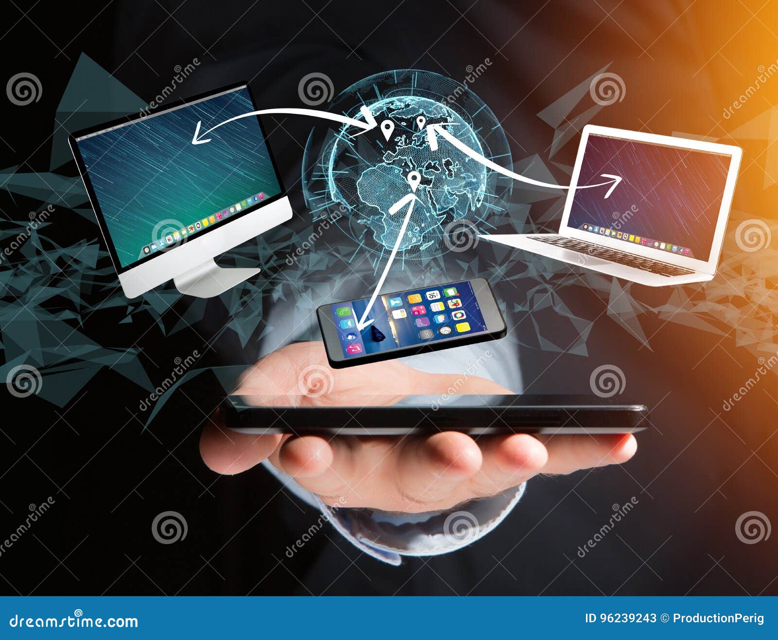 Computer and Devices Displayed on a Futuristic Interface with in Stock ...