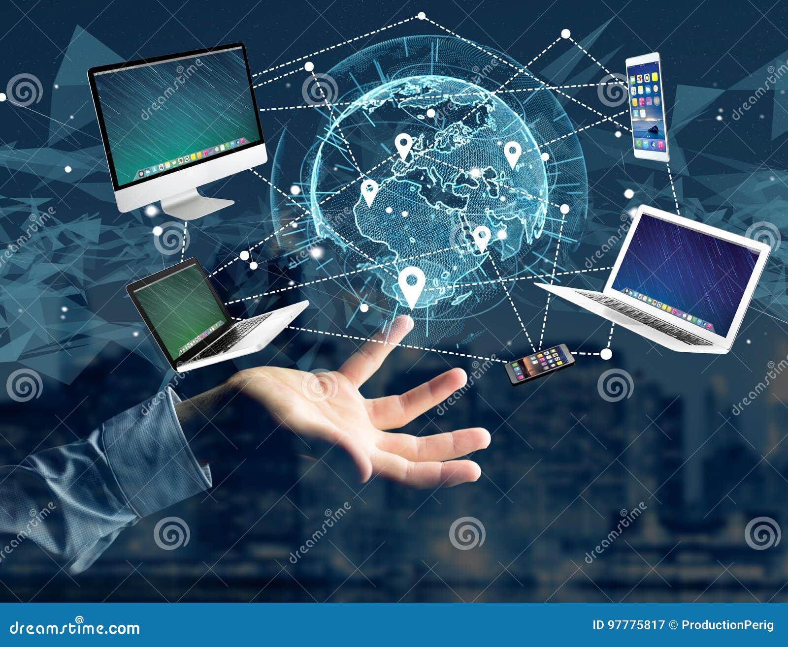 Computer and Devices Displayed on a Futuristic Interface with in Stock ...