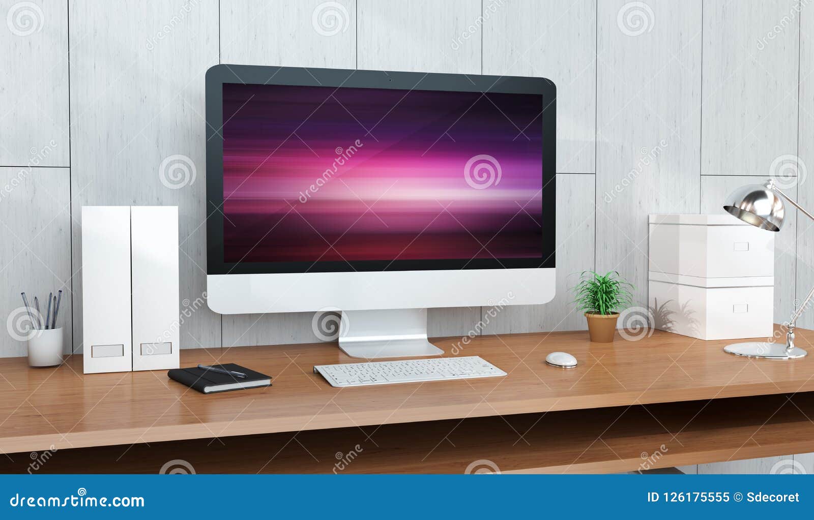 Computer and Devices on Modern Wooden Desk Interior 3D Rendering Stock ...