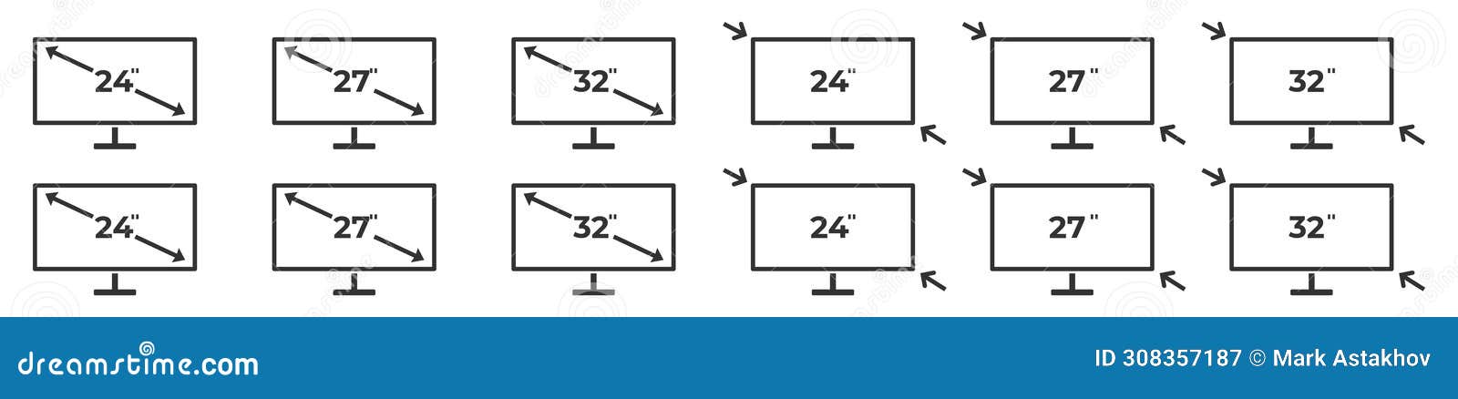 Computer Diagonal Screen Size. 24 27 32 Inches Screen Size. Vector ...