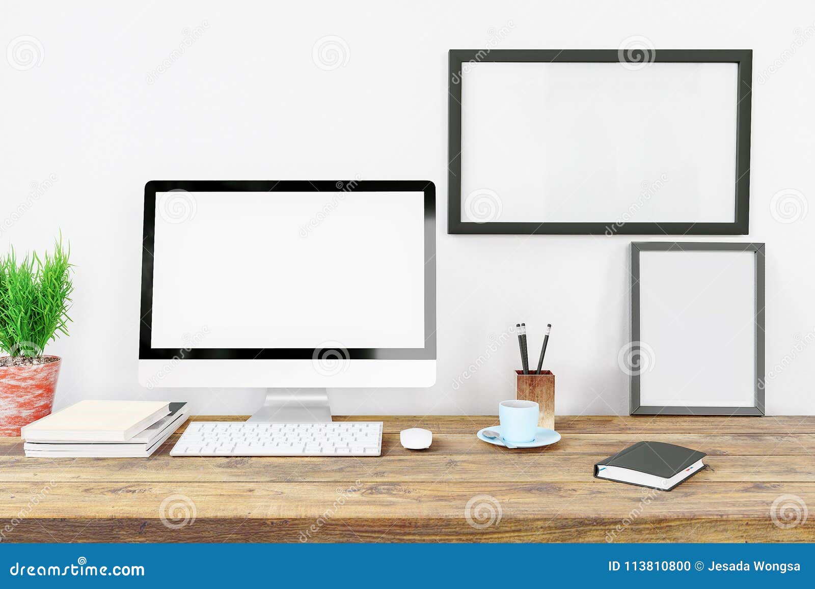 Computer Display Blank Screen and Office Tools on Desk in Modern ...