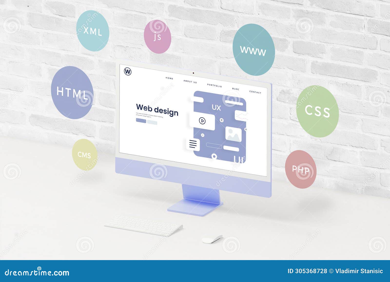 Computer Display on Desk with UI, UX Web Page Layout. Surrounding ...
