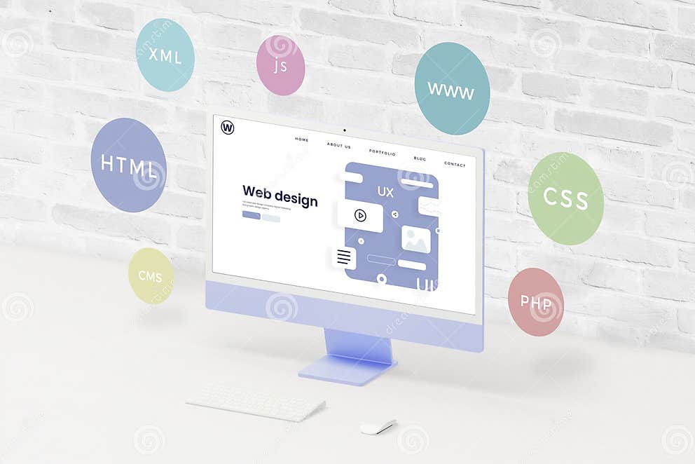 Computer Display on Desk with UI, UX Web Page Layout. Surrounding Balloons Depict Web Design ...