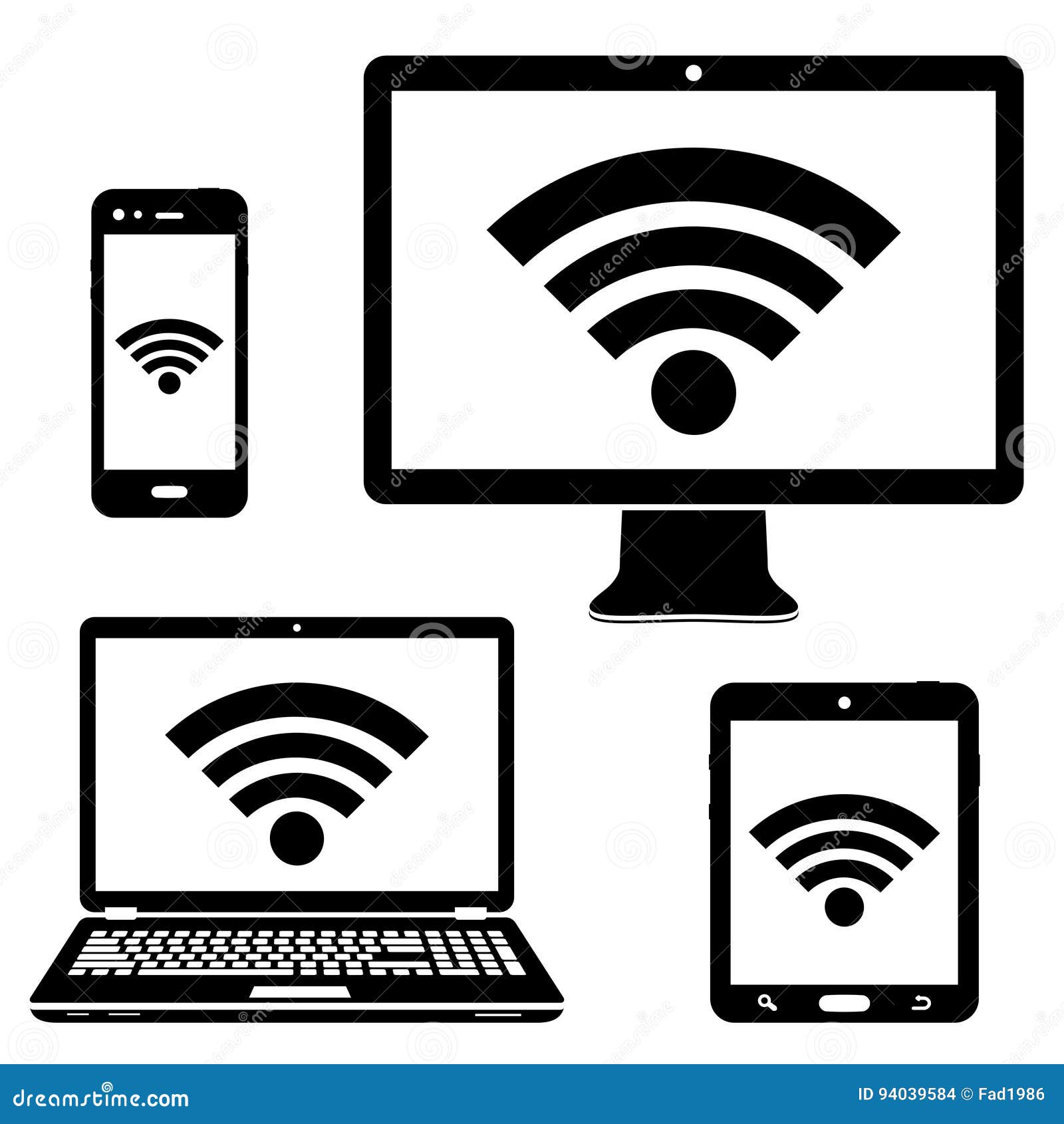 Computer Display, Laptop, Tablet and Smartphone Icons with Wifi ...
