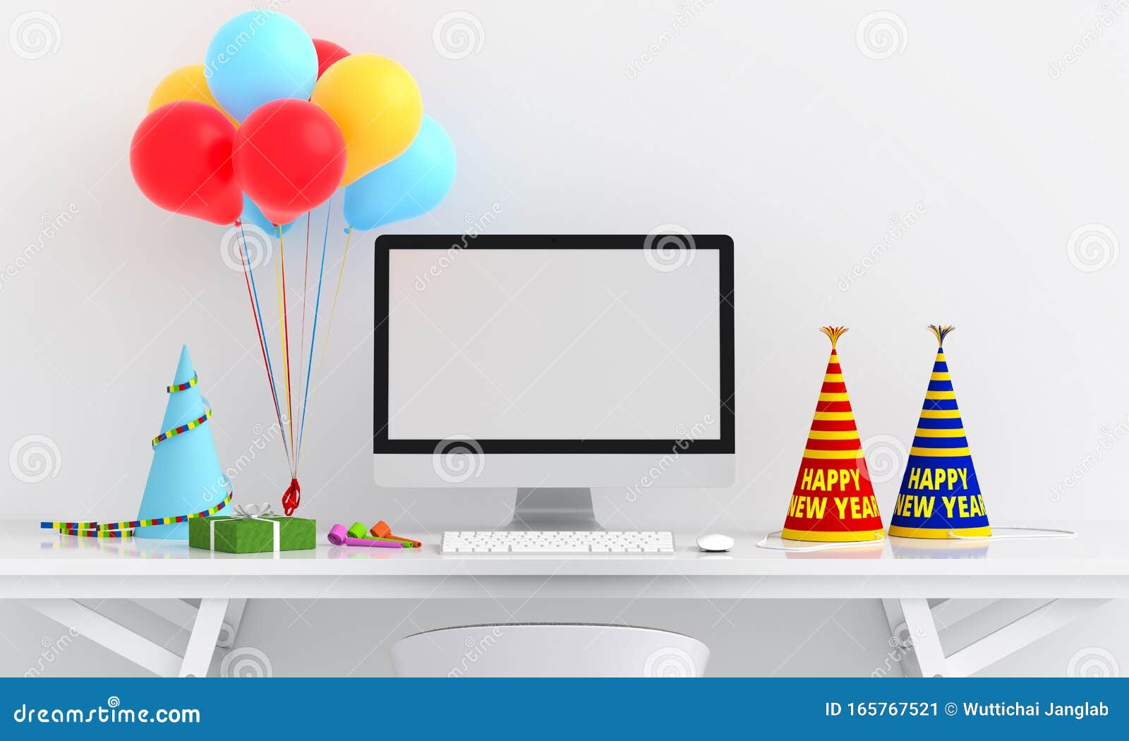Computer Display for Mockup on Table, Happy New Year Concept 库存例证 - 插画 ...