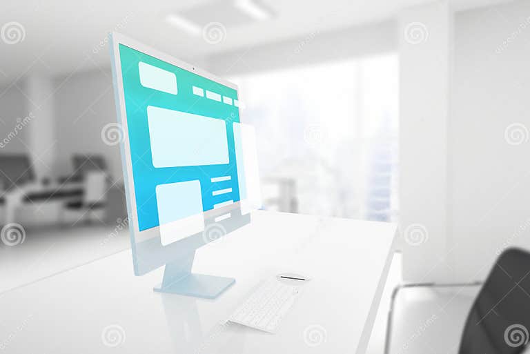 Computer Display on an Office Desk with a Hovering Web Page or App ...