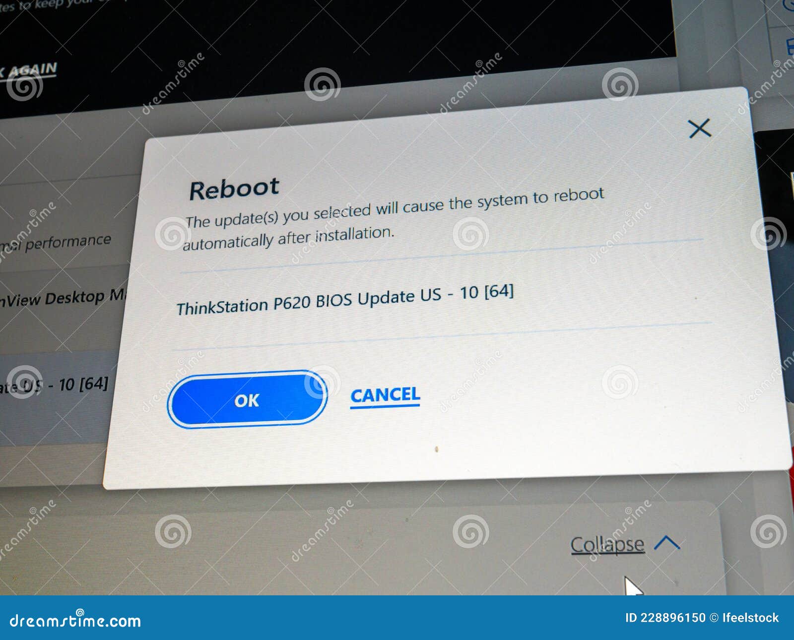 Computer Display Screen with Reboot Message after Installation of the ...