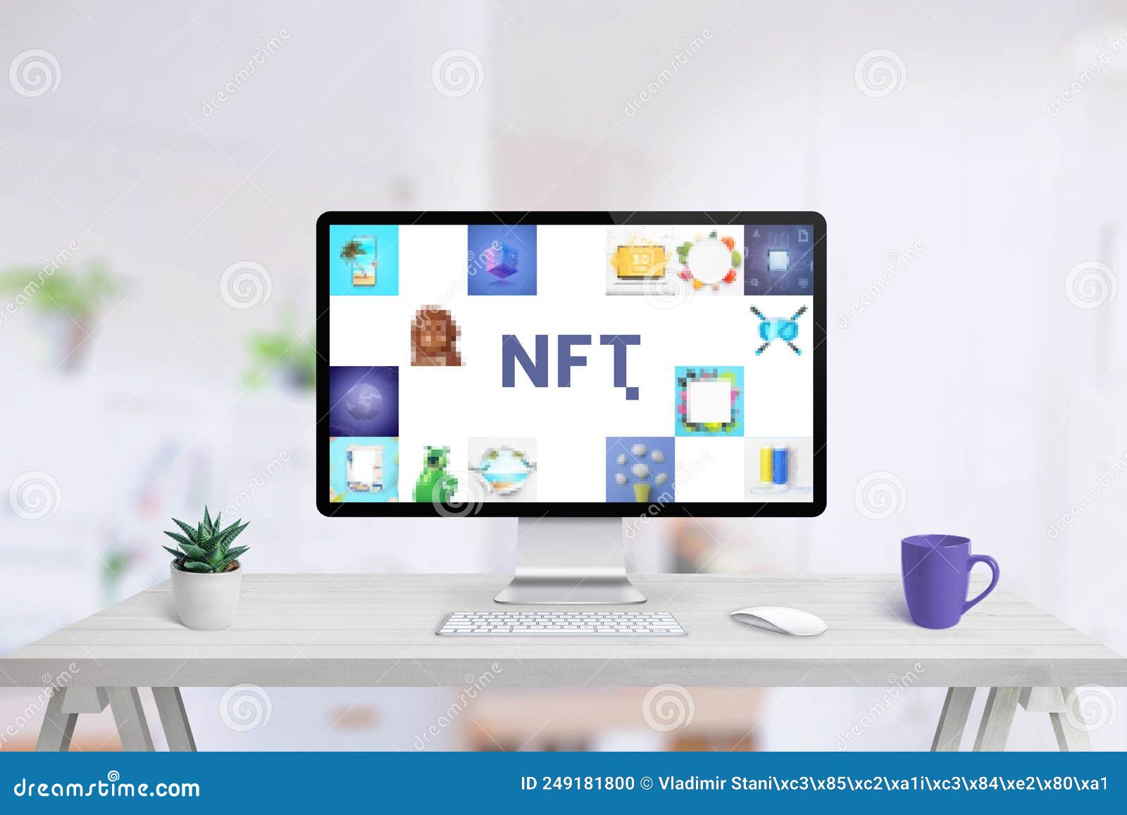 Computer Display on Work Desk with NFT Art Concept Stock Illustration ...