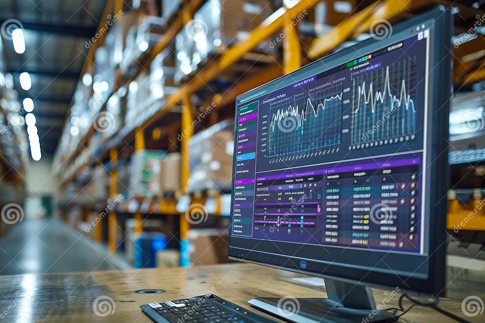 Computer Displaying Data in a Large Warehouse Stock Illustration ...