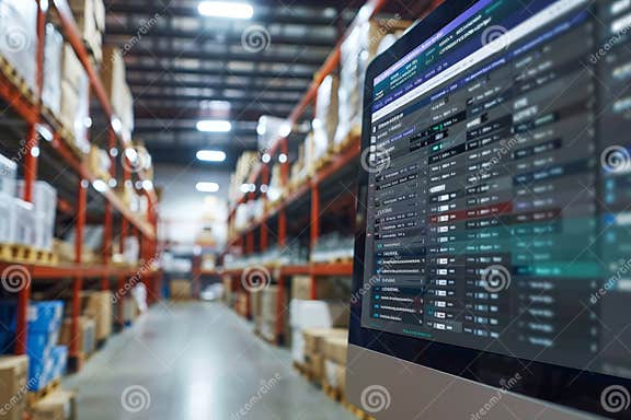 Computer Displaying Data in a Large Warehouse Stock Illustration ...