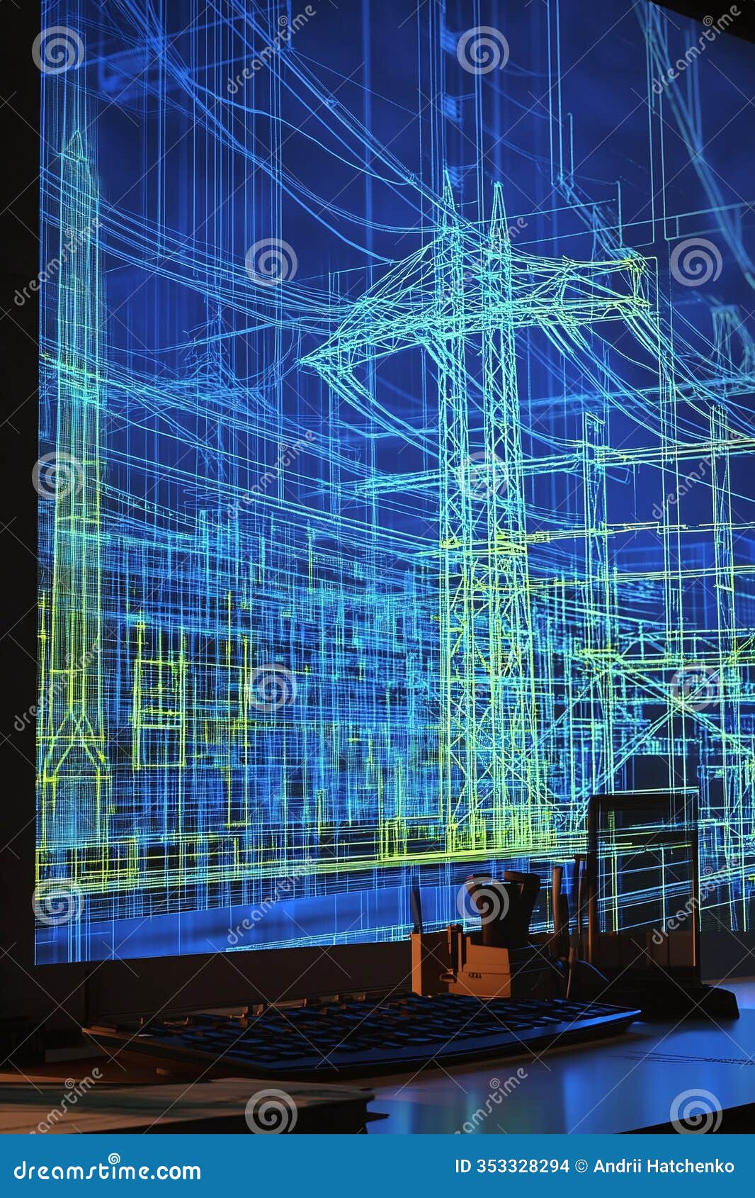 Computer Displaying a Power Grid Expansion Blueprint with High-voltage ...