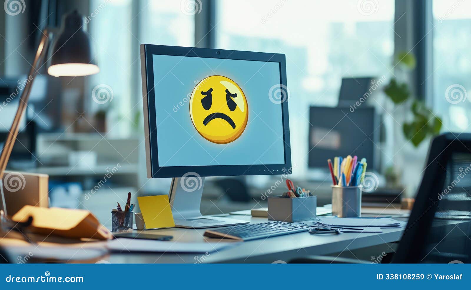 Computer Displaying Sad Face Emoji on Screen, Modern Office Background ...